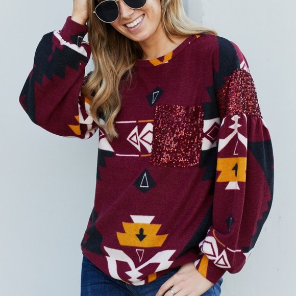 Hopely | Tops | Hopely Full Size Printed Sequin Pocketed Top In Burgundy | Poshmark